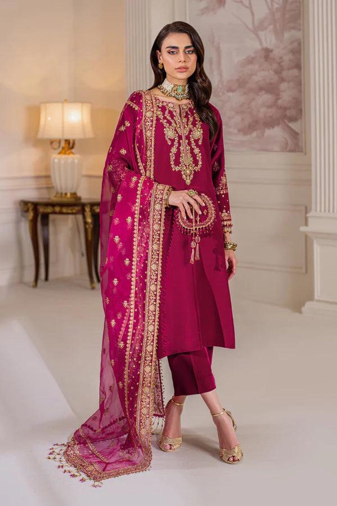 Pakistani Suit, Formal Dress Red Embroidered Organza Salwar Kameez ...