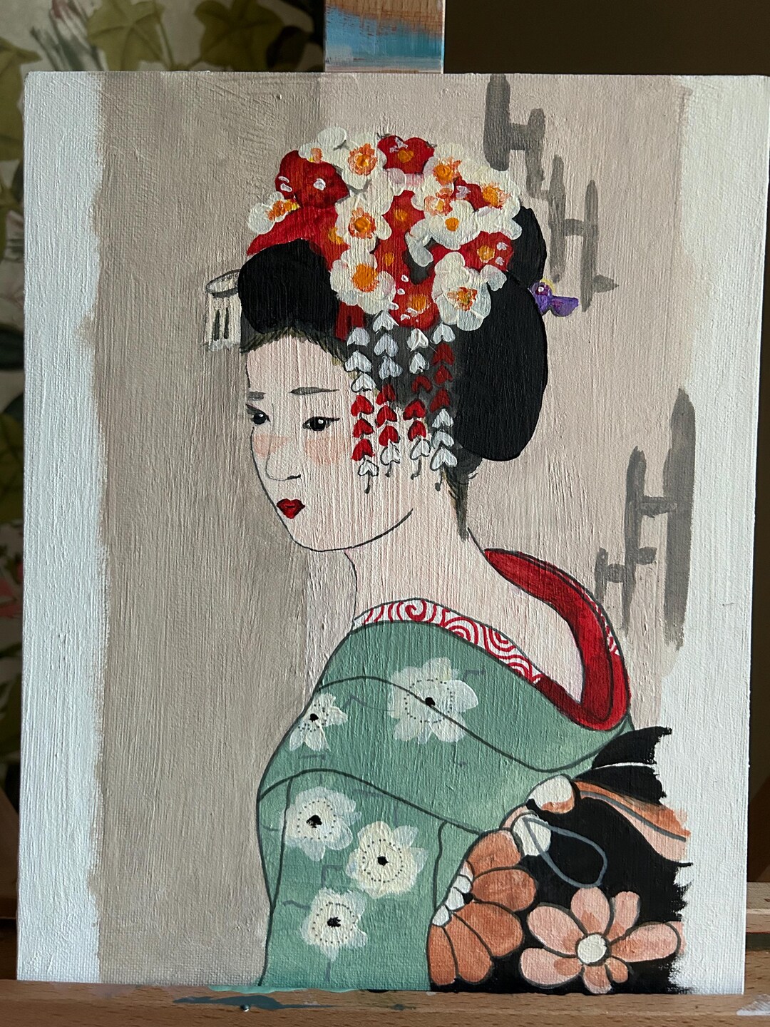 Geisha With Flowers. Original Handmade Painting, Canvas Painting ...