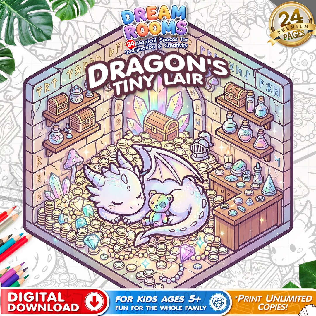 Dragon's Tiny Lair Coloring Pages | Isometric Fantasy Art (PDF Pattern ...