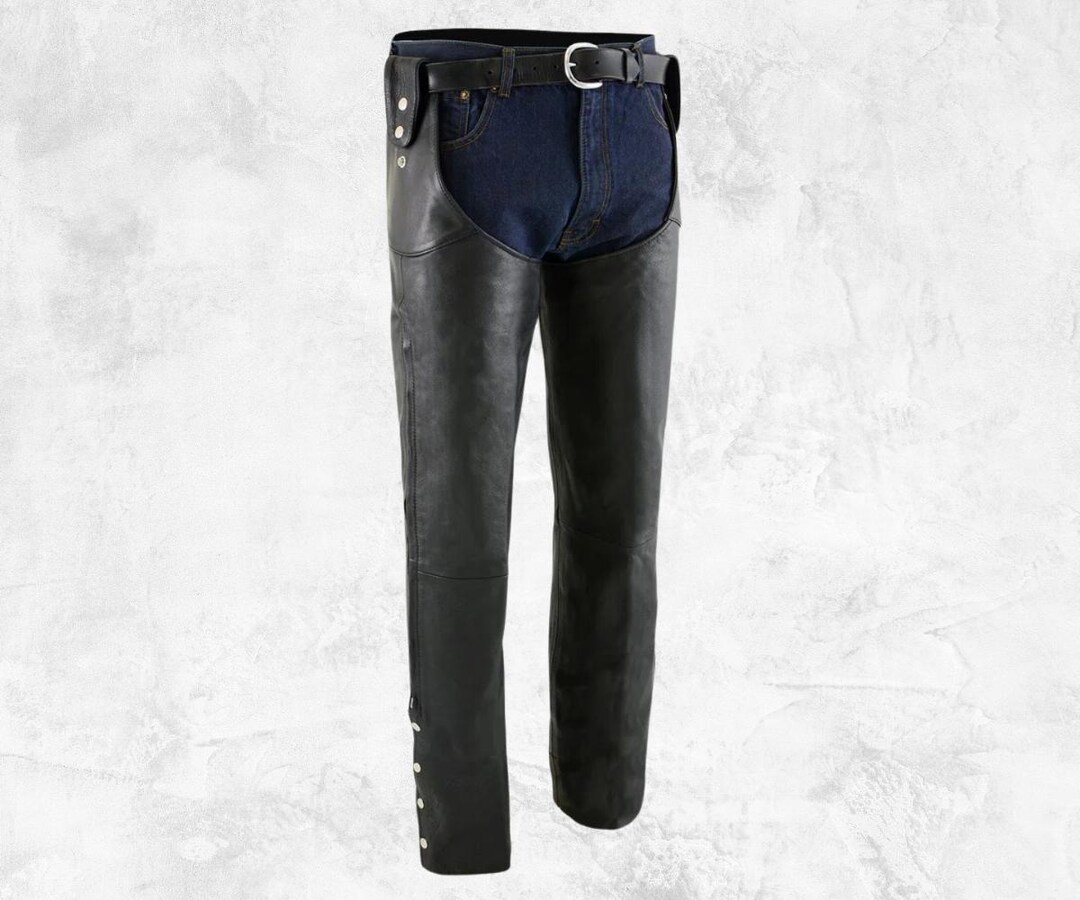 Men’s Stylish Black Leather Chaps With Adjustable Side Snap | Beltless ...