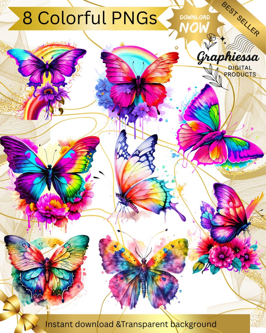 Colorful Butterfly PNG Bundle – 8 Vibrant Rainbow Butterflies Clipart ...