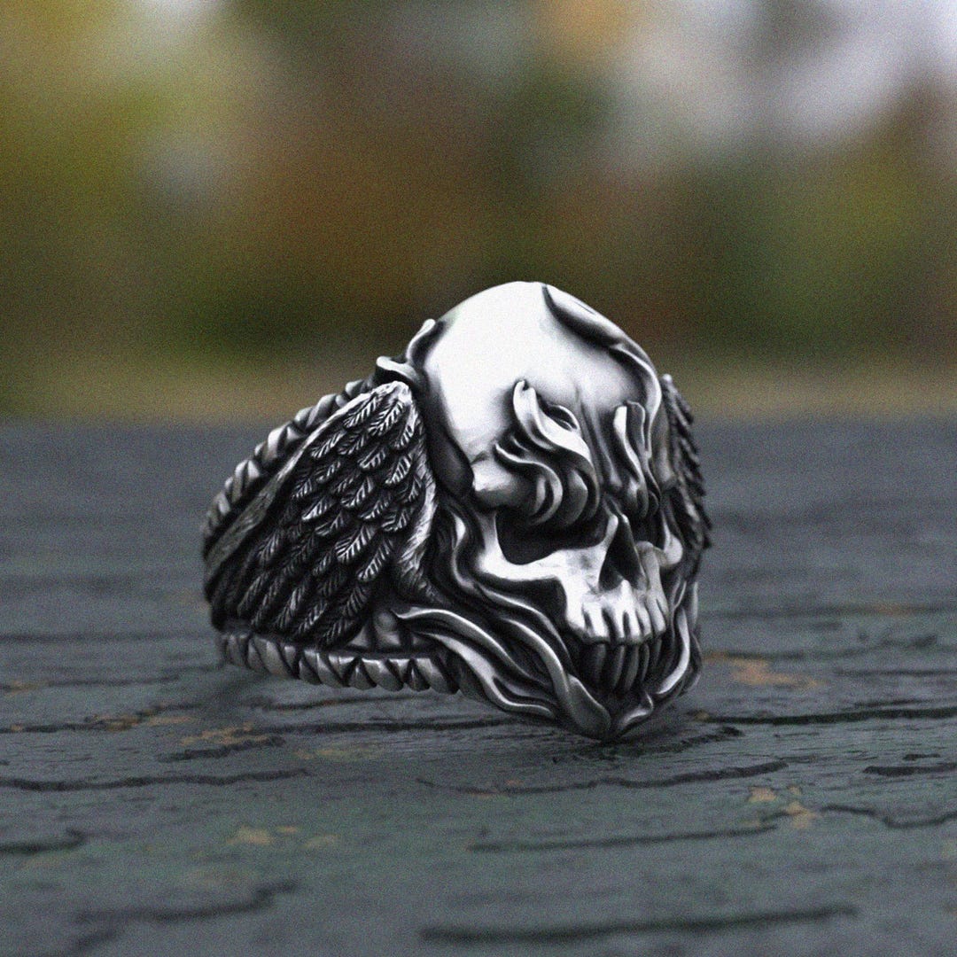 Winged Skull Ring | 925 Sterling Silver Flame Skull Jewelry | Handcrafted Gothic Biker Ring ...