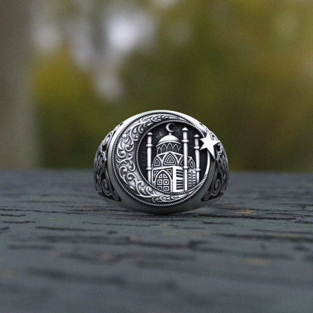 Islamic Mosque Ring 925 Sterling Silver | Muslim Crescent Moon Signet ...