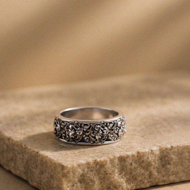 14K Gold Vermeil Baroque Floral Ring, Ornate Scrollwork Band ...