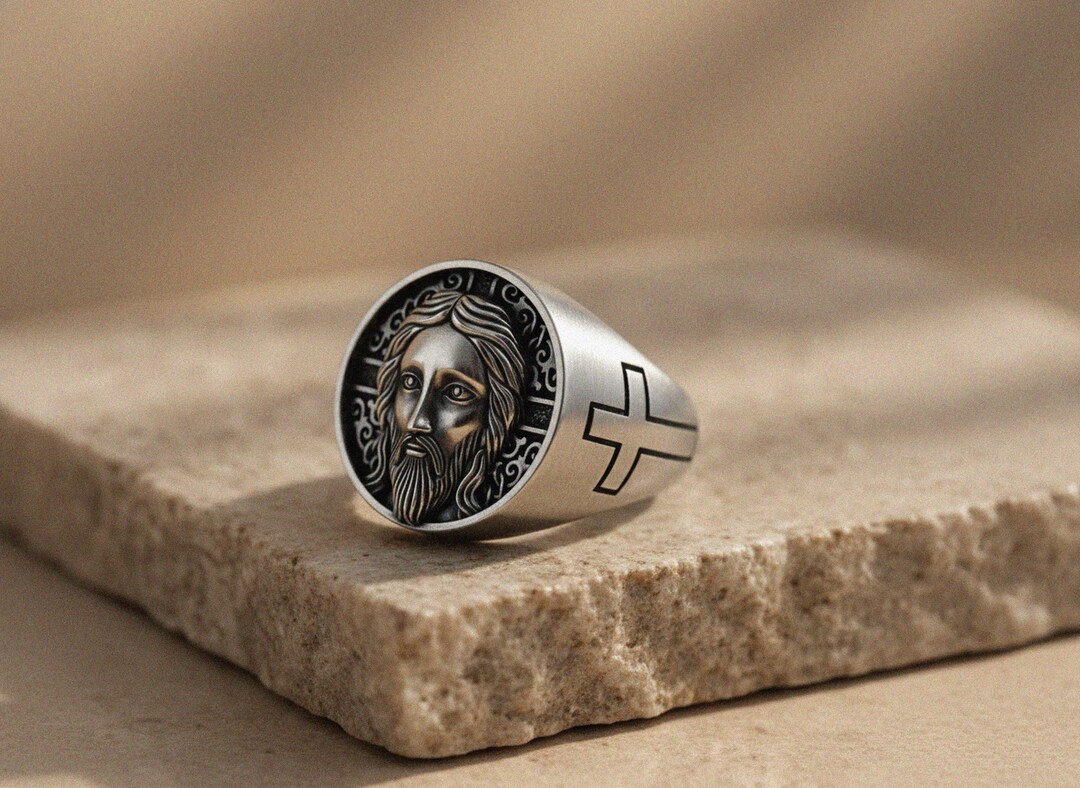 Jesus Ring, Sterling Silver, Holy Face With Cross (men’s Sizes 3-15) - Etsy