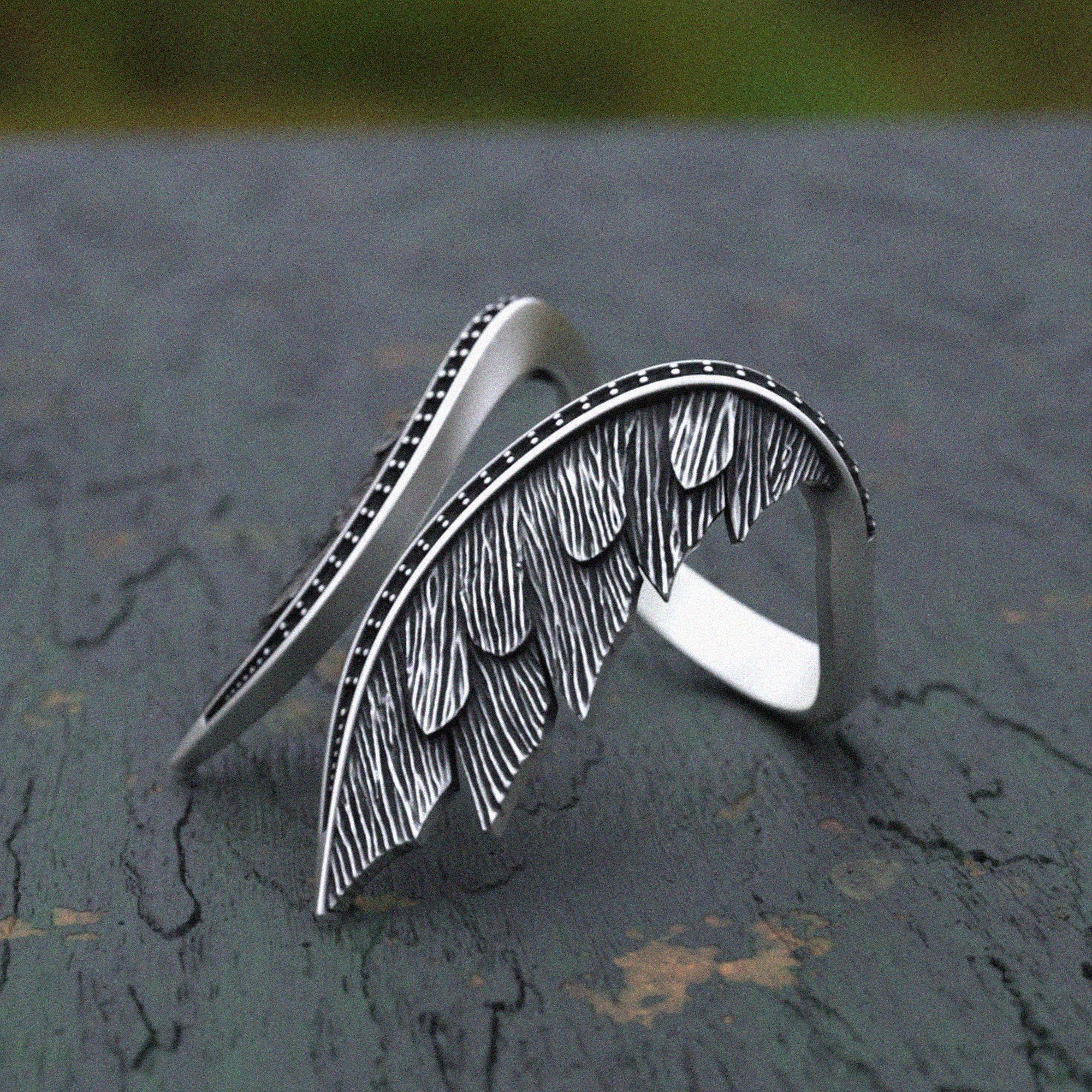 Sterling Silver Angel Wings Ring: Feather Statement Band, Spiritual ...