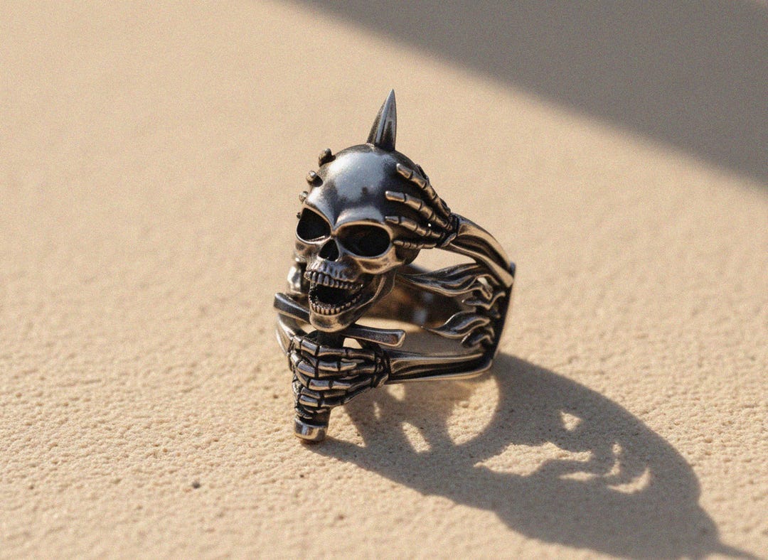 Horned Demon Skull Ring 925 Sterling Silver, Devil Skeleton Ring With ...