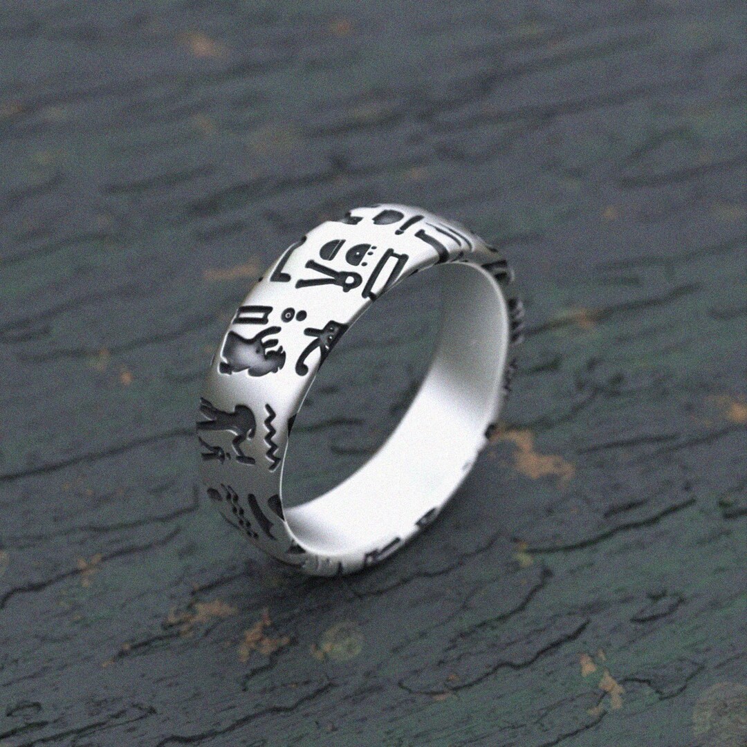 Sterling Silver Egyptian Hieroglyphics Ring: Handcrafted Ancient Symbol ...