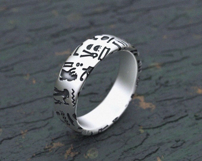 Ancient Egyptian Symbols Amulet Wedding Ring 925 Sterling Silver ...