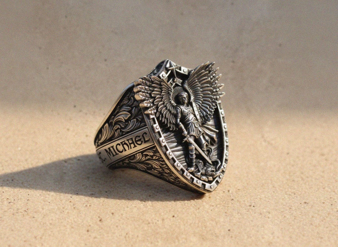 St Michael Archangel Ring, 925 Sterling Silver Dragon Slayer Shield ...