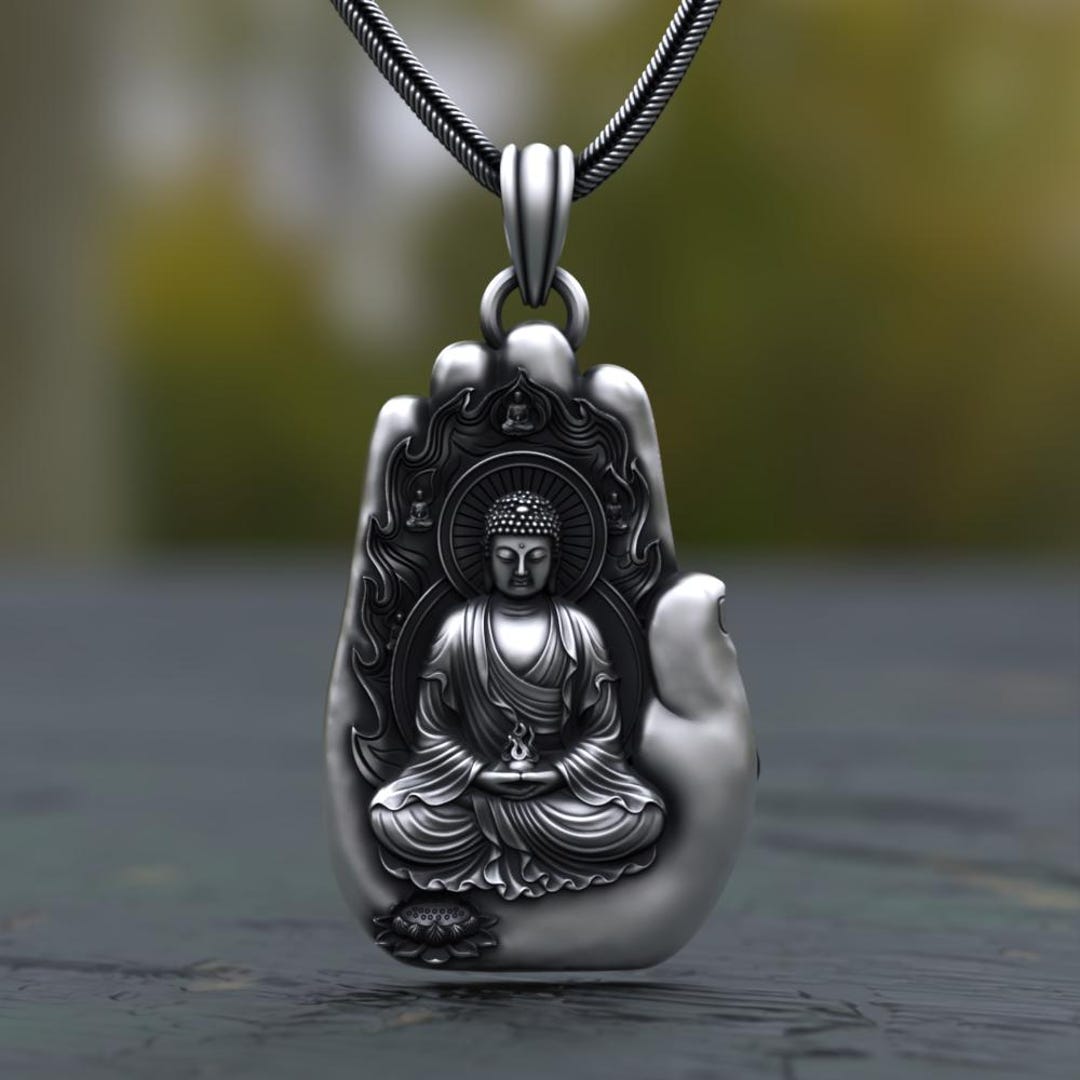 Polished Silver Buddha Hand Pendant Necklace, Lotus Meditation Jewelry ...