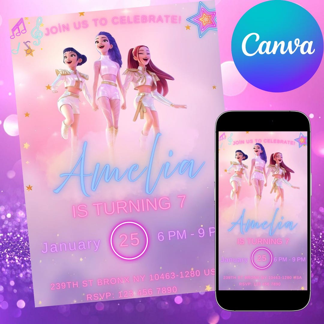 Kpop, Demon, Hunters, Anime Theme Party, Editable Huntrix Party Invite ...