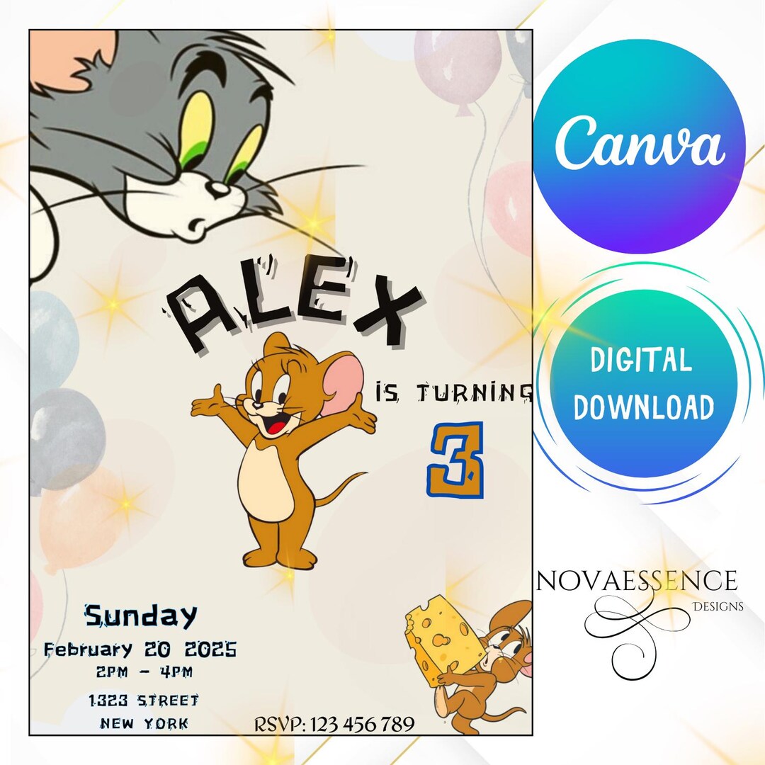 Tom and Jerry Birthday Invitation, Tom and Jerry Invitation, Editable ...