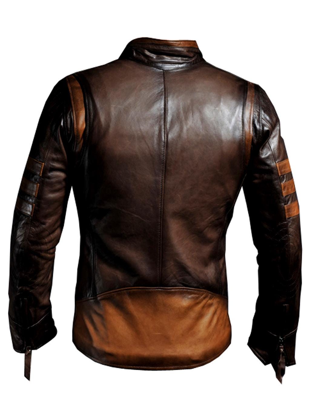 Men's Vintage Style Leather Motorcycle Jacket, Brown With Tan Stripes ...