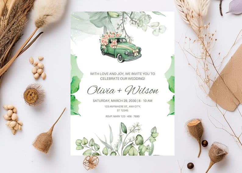 Rustic Green Wedding Invitation Template, Vintage Car Wedding Invite ...