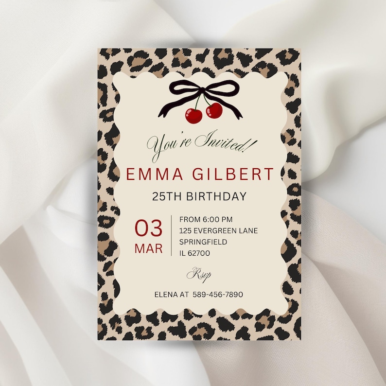 Invitación de cumpleaños de guepardo y leopardo, fiesta con lazo negro ...