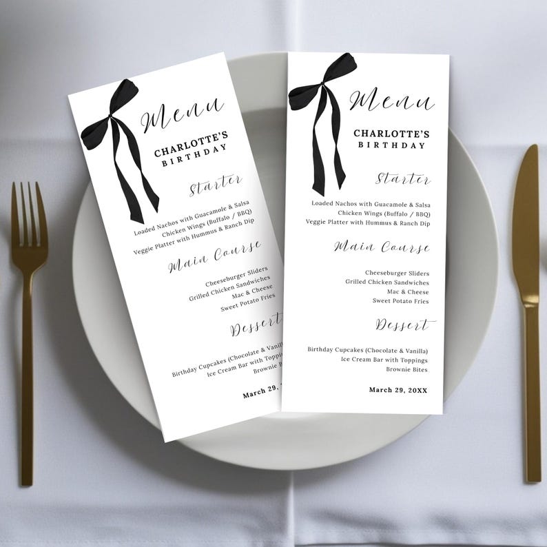 Black Bow Dinner Menu Card Printable Template, Modern Editable Birthday ...