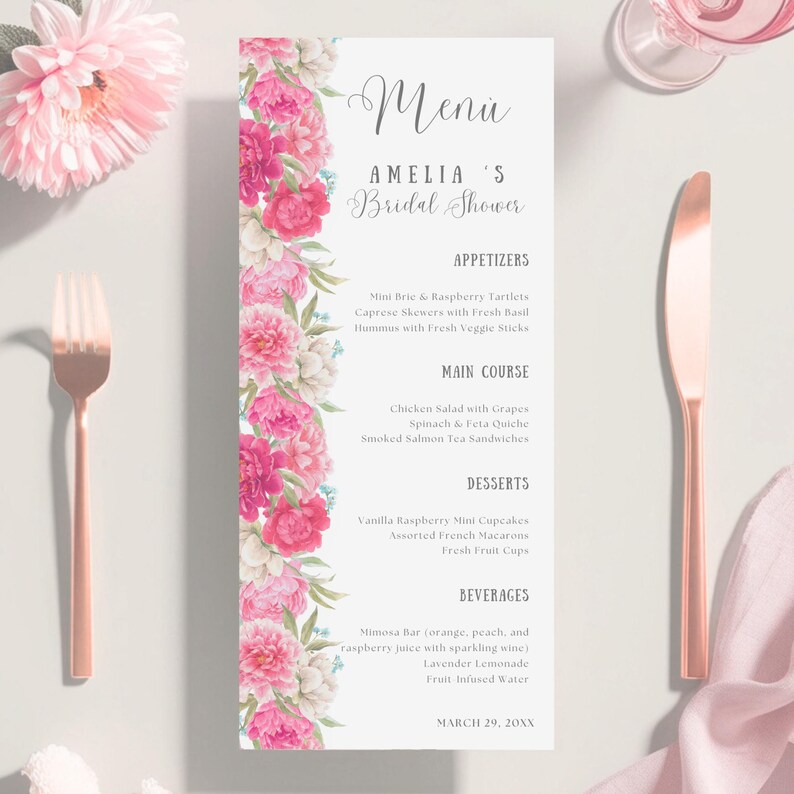 Pink Floral Bridal Shower Menu, Editable Template (instant Download) - Etsy