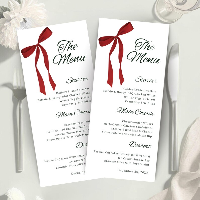 Editable Christmas Menu Template, Red Bow, Elegant Holiday Party ...