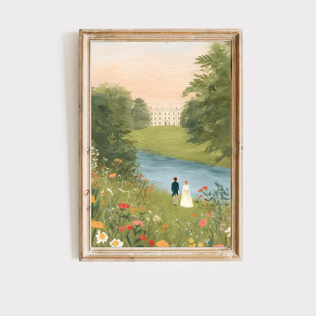Pride and Prejudice Pemberley Manor Illustration, Book Lover Decor ...