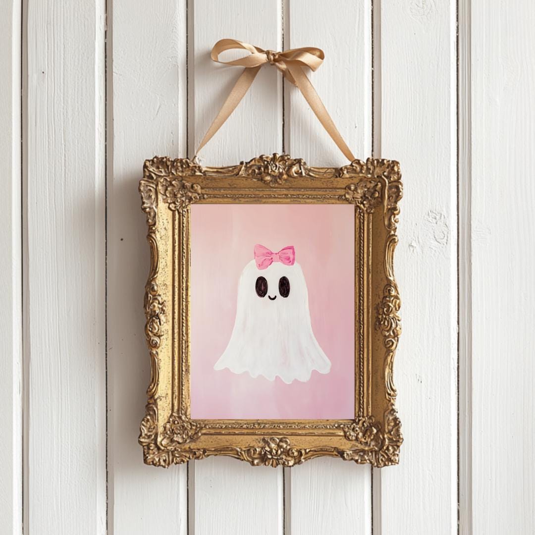 Pink Halloween Ghost Art Print: Coquette Fall Decor (digital Download ...