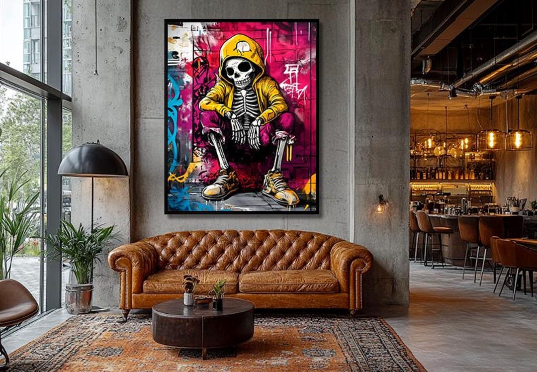 Skeleton Street Art Poster – Skull in Hoodie in Front of Graffiti Wall ...