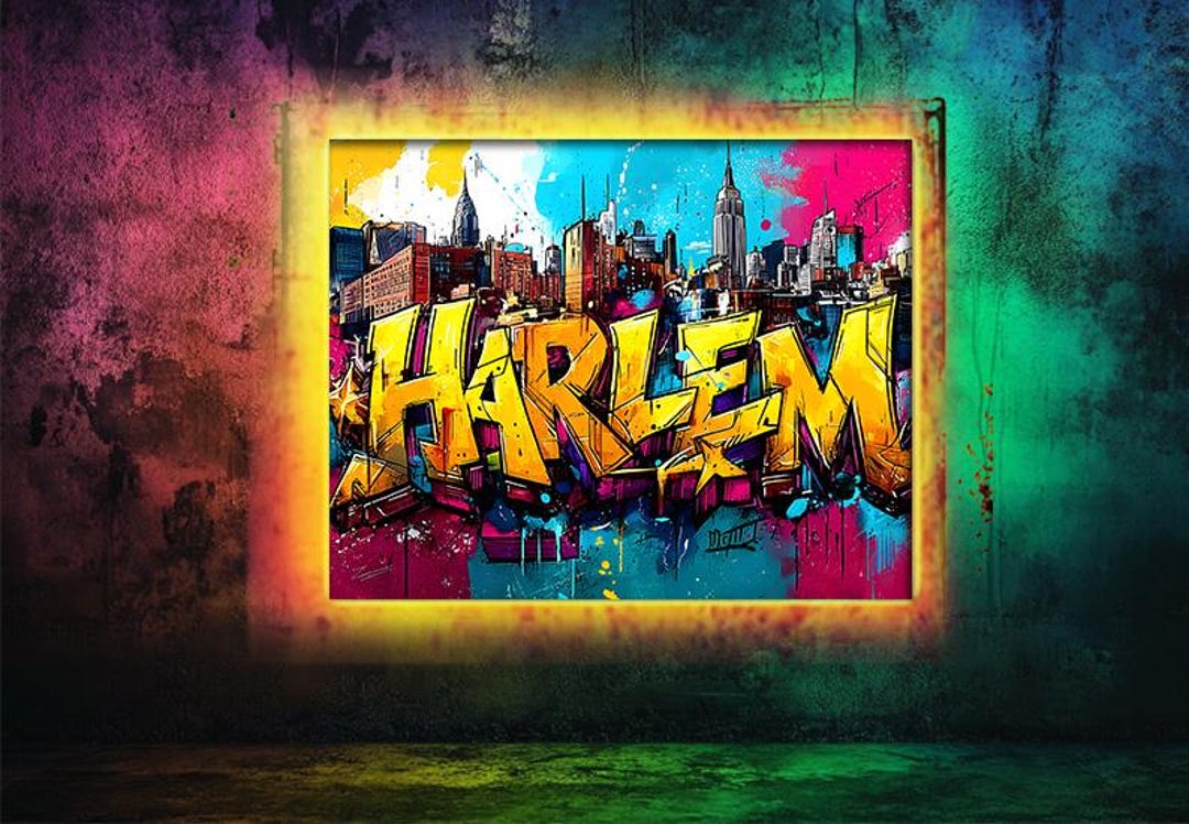 Harlem Graffiti Wall Art – Bold Yellow Lettering With NYC Skyline ...