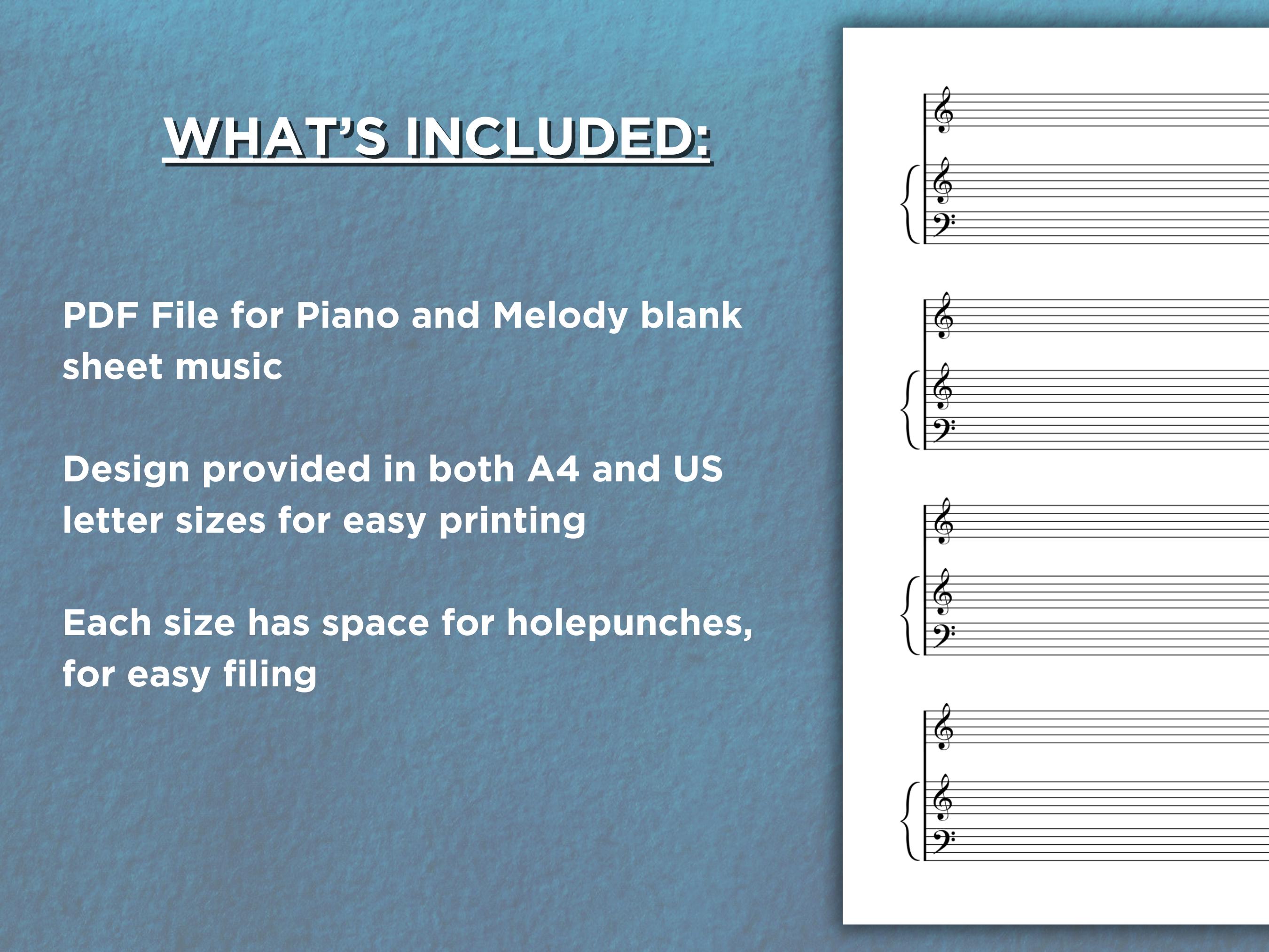 Printable Piano and Melody Sheet Music | Blank Score PDF | A4 and US ...