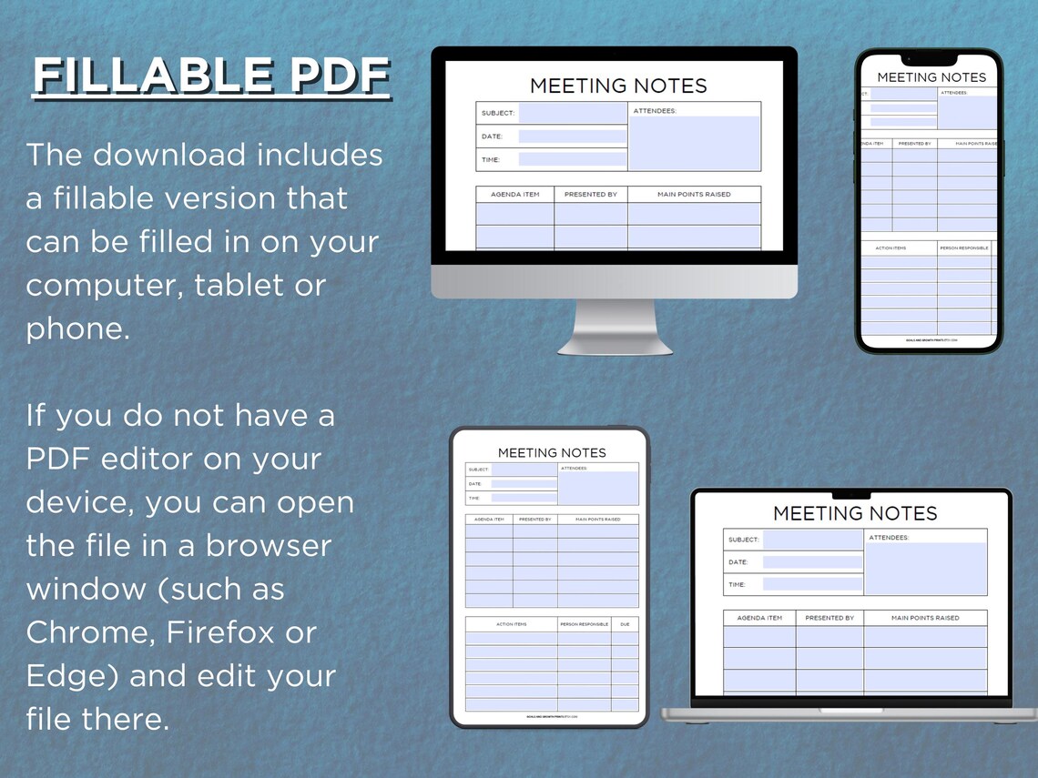 Meeting Notes Template | Printable & Fillable PDF | A4, A5, US Letter ...