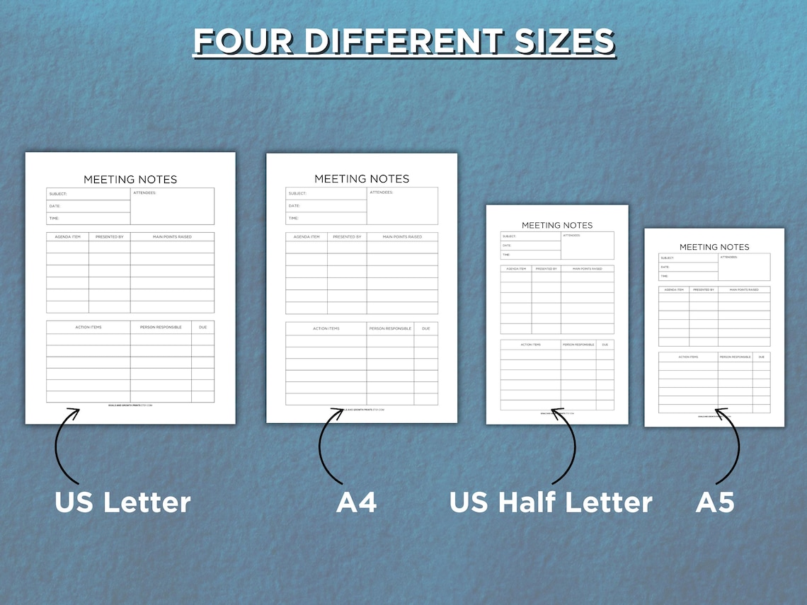 Meeting Notes Template | Printable & Fillable PDF | A4, A5, US Letter ...