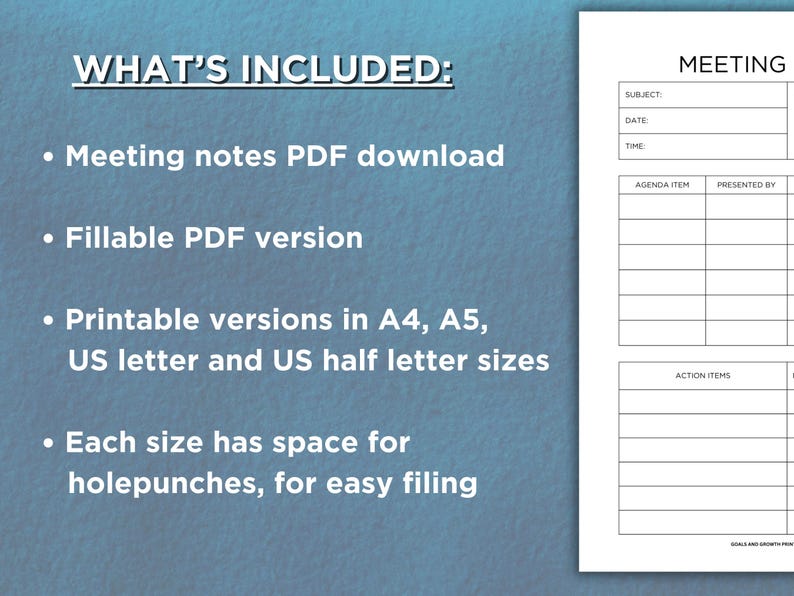 Meeting Notes Template | Printable & Fillable PDF | A4, A5, US Letter ...