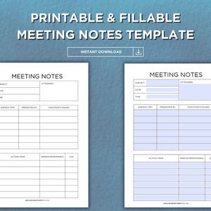 Meeting Notes Template | Printable & Fillable PDF | A4, A5, US Letter ...