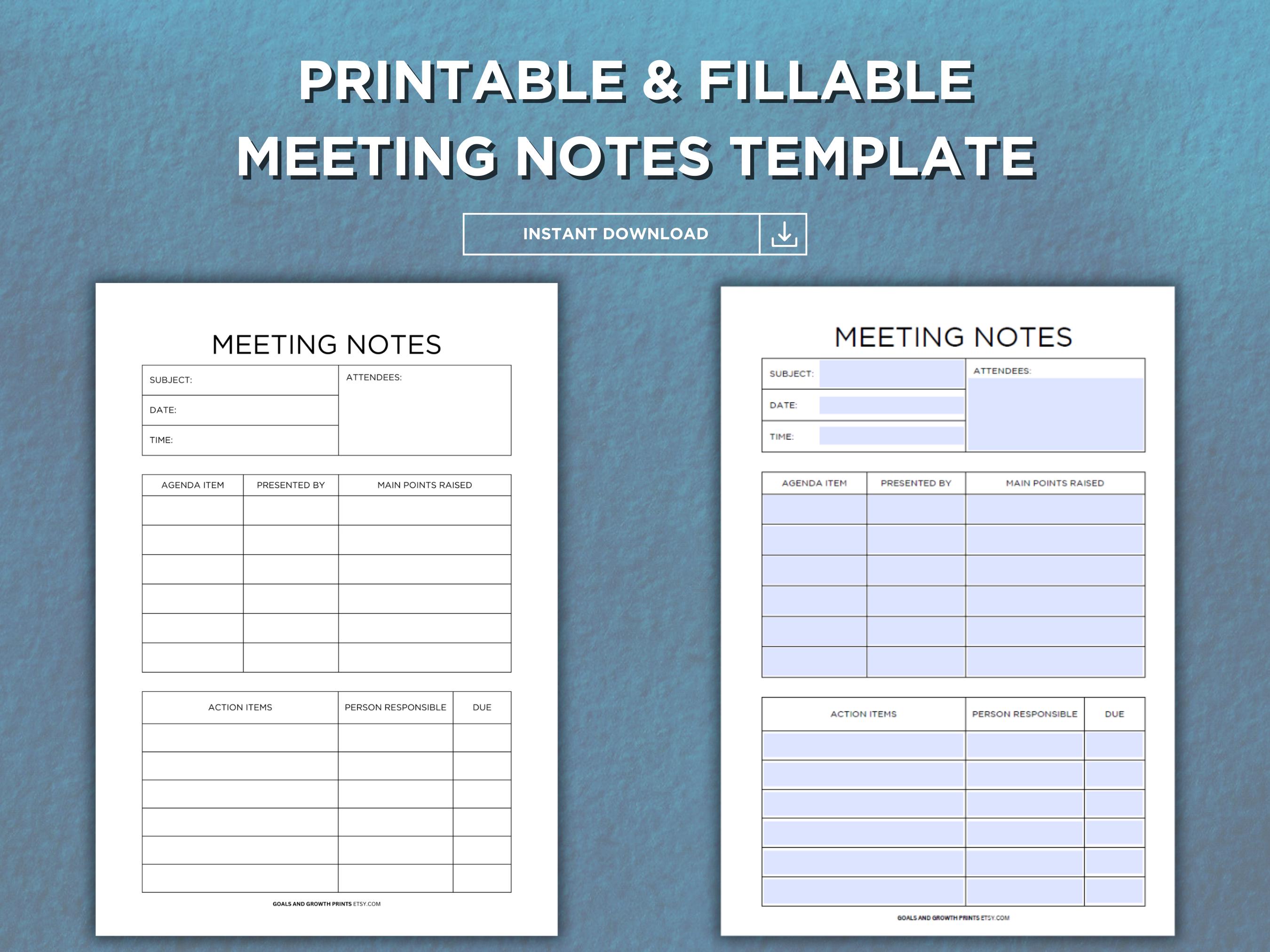 Meeting Notes Template | Printable & Fillable PDF | A4, A5, US Letter ...