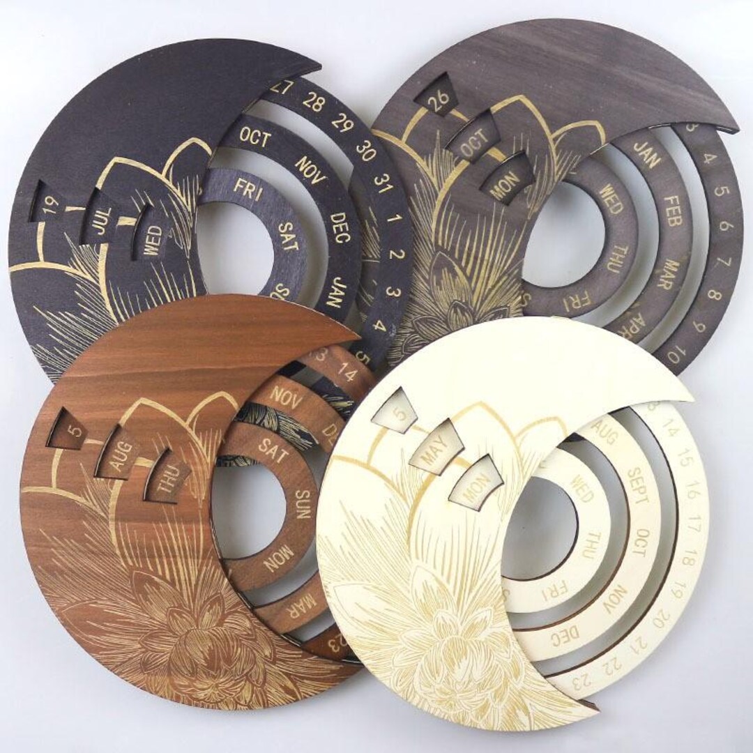 Moon Phase Wooden Perpetual Calendar for Desk, Spin Calendar - Natural ...