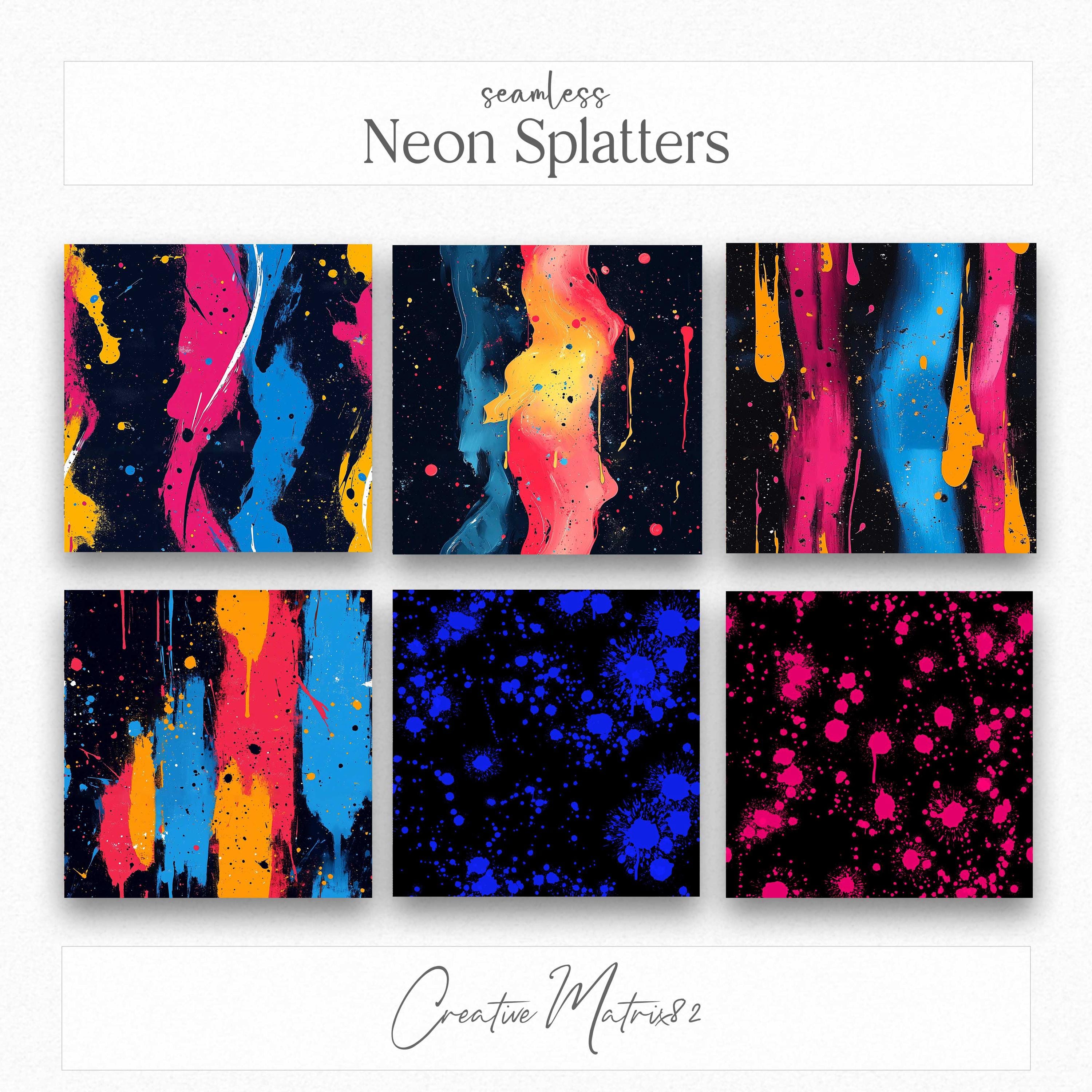 Neon Paint Splatters Digital Paper Pack – Seamless Grunge Ink ...