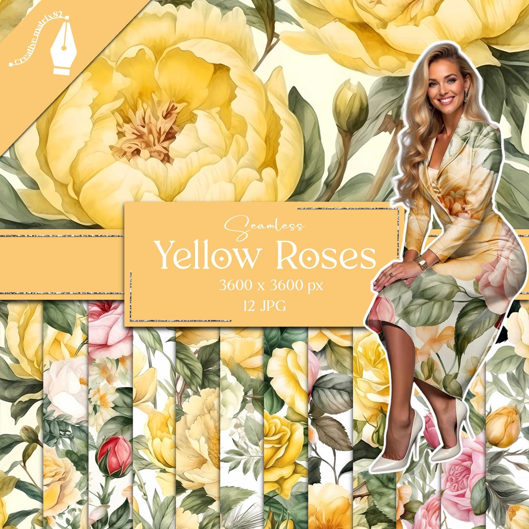 Watercolor Yellow Roses Digital Paper, Floral Seamless Patterns ...