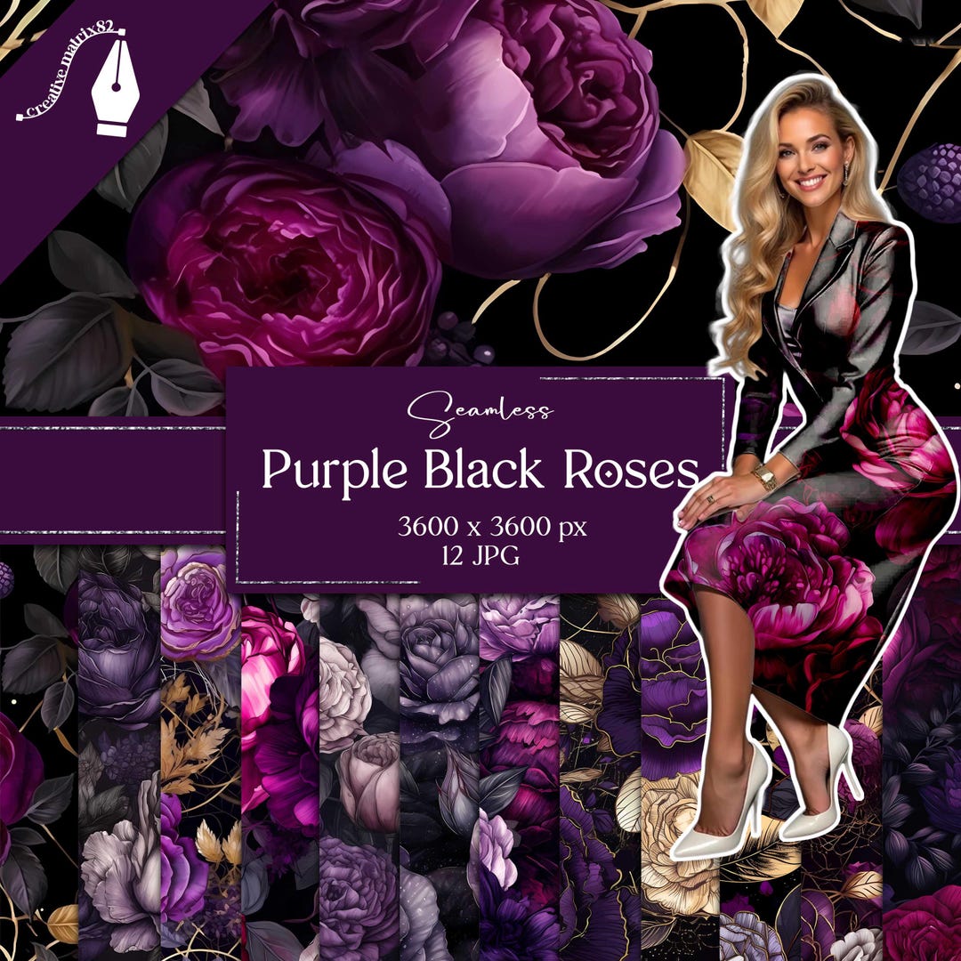 Watercolor Purple Black Roses Digital Paper, Gothic Peony Backgrounds ...