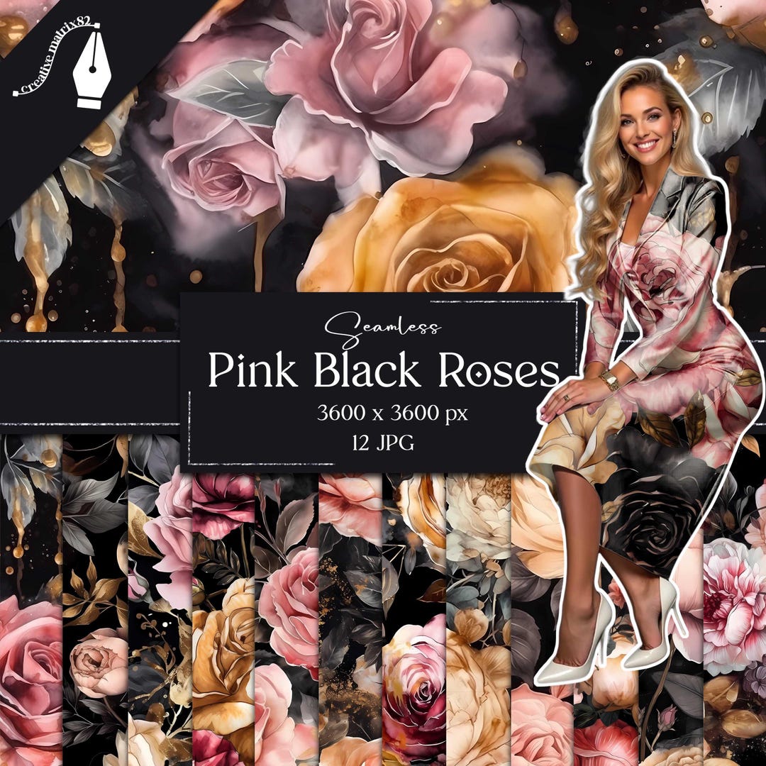 Pink Black Roses Digital Paper, Gothic Backgrounds, Dark Romantic ...