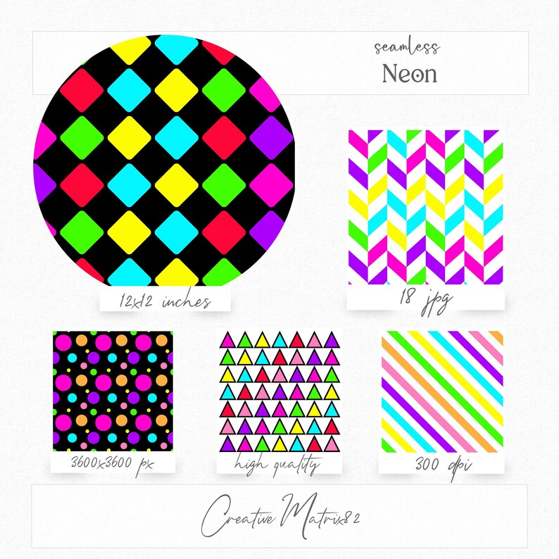 Neon Digital Paper, Fluorescent Seamless Patterns, Glow Party ...