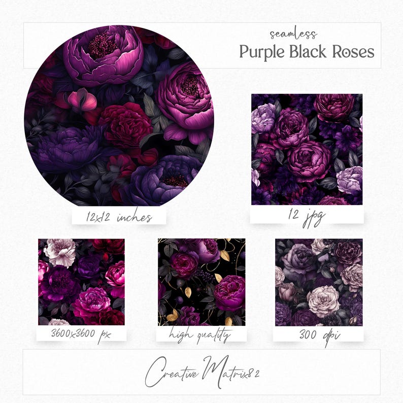 Watercolor Purple Black Roses Digital Paper, Gothic Peony Backgrounds ...