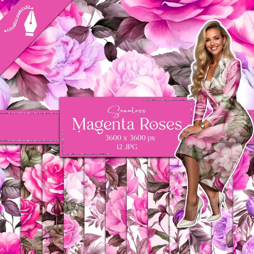 Magenta Roses Digital Paper, Floral Backgrounds, Seamless Romantic ...