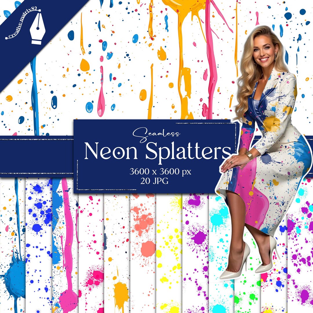 Neon Paint Splatters Digital Paper Pack Seamless Grunge Ink Backgrounds ...