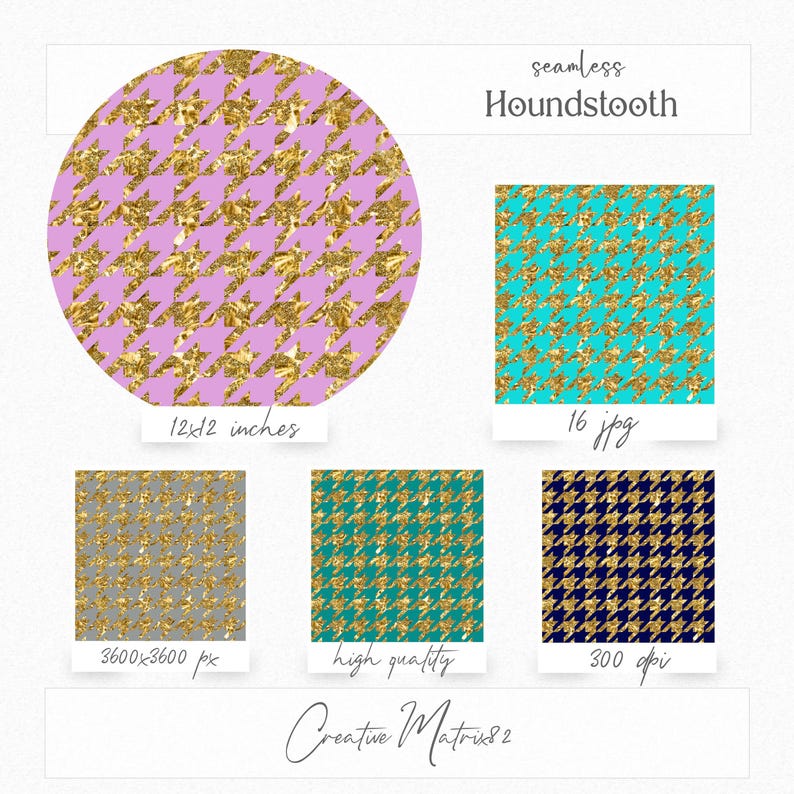 Gold Houndstooth Seamless Patterns, Metallic Glitter Digital Paper ...