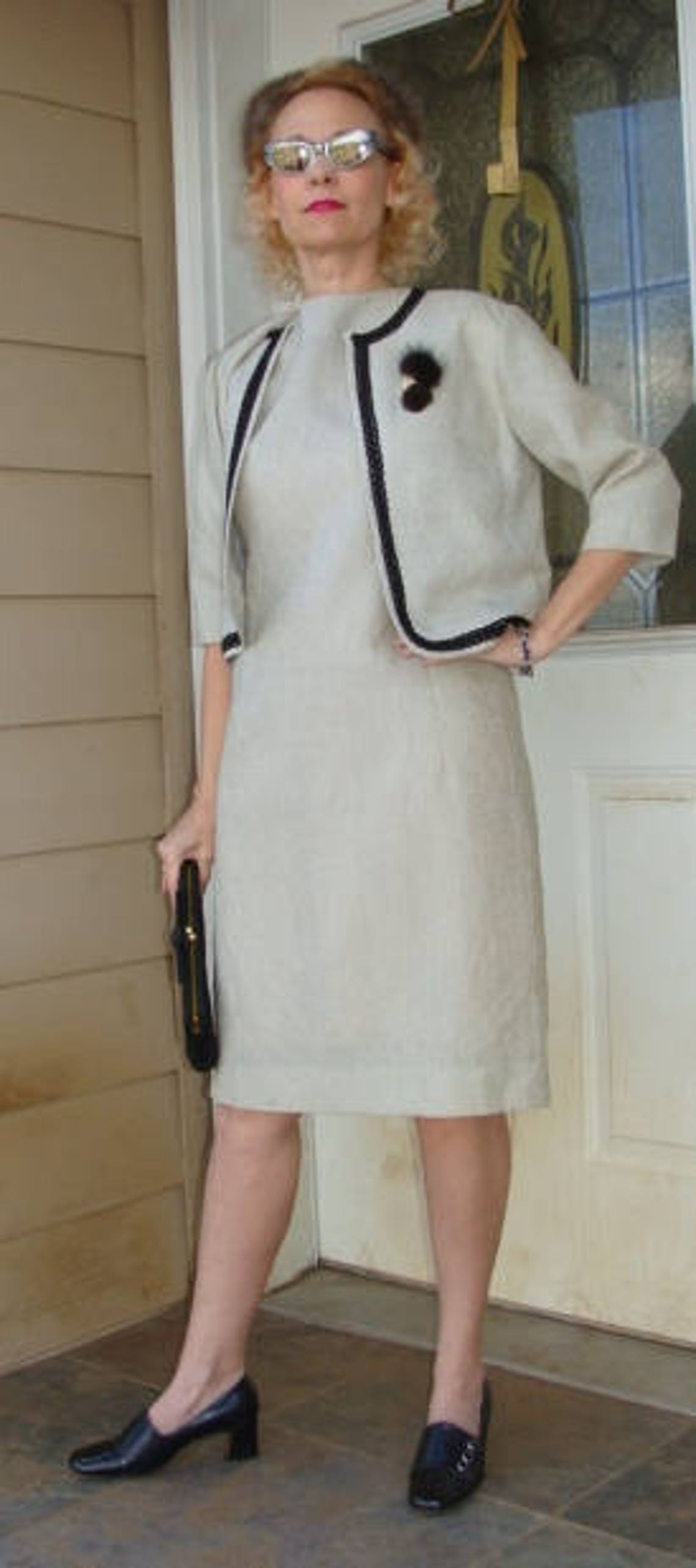 1964 Mid Century 2 Pc Tank Dress & Jacket Jacquard Cream M Yoko Japan ...