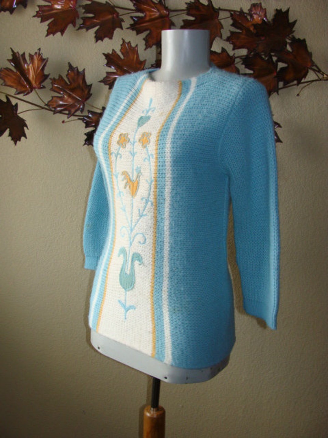 Vintage 100% Orlon Acrylic Union Sweater Pullover Powder Blue Floral ...
