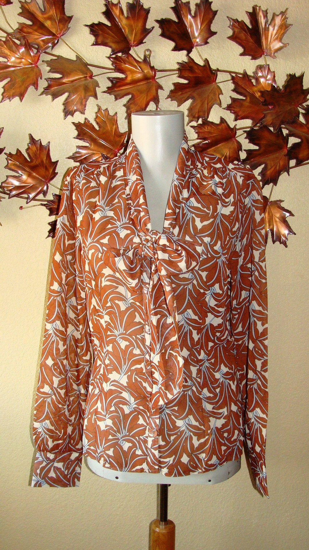 Sample Blouse Deco Floral Autumn Leaves Brown Cream Grey Tie Long ...