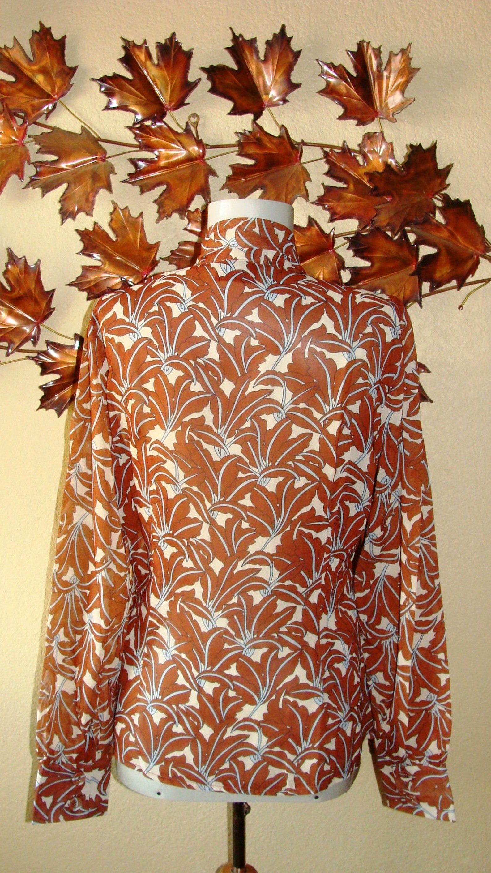 Sample Blouse Deco Floral Autumn Leaves Brown Cream Grey Tie Long ...