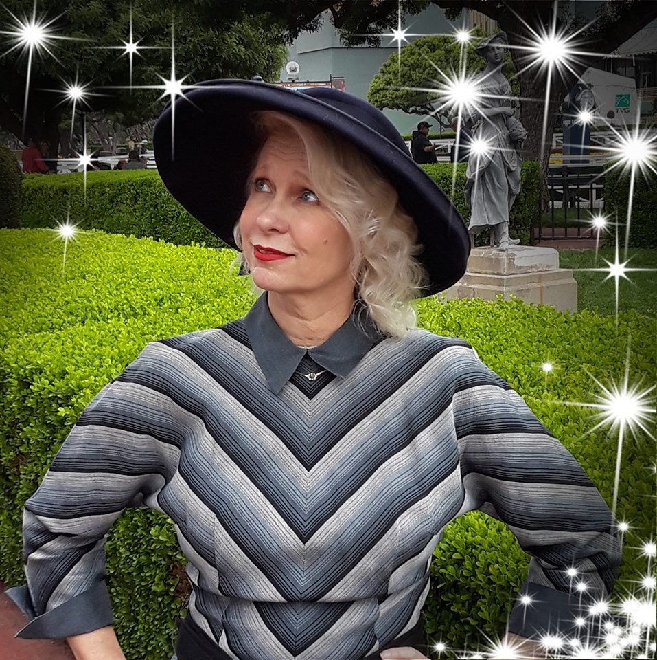 Blue Vintage Wide Brim Asymmetrical Hat Mid Century Size 22 Wool Felt ...