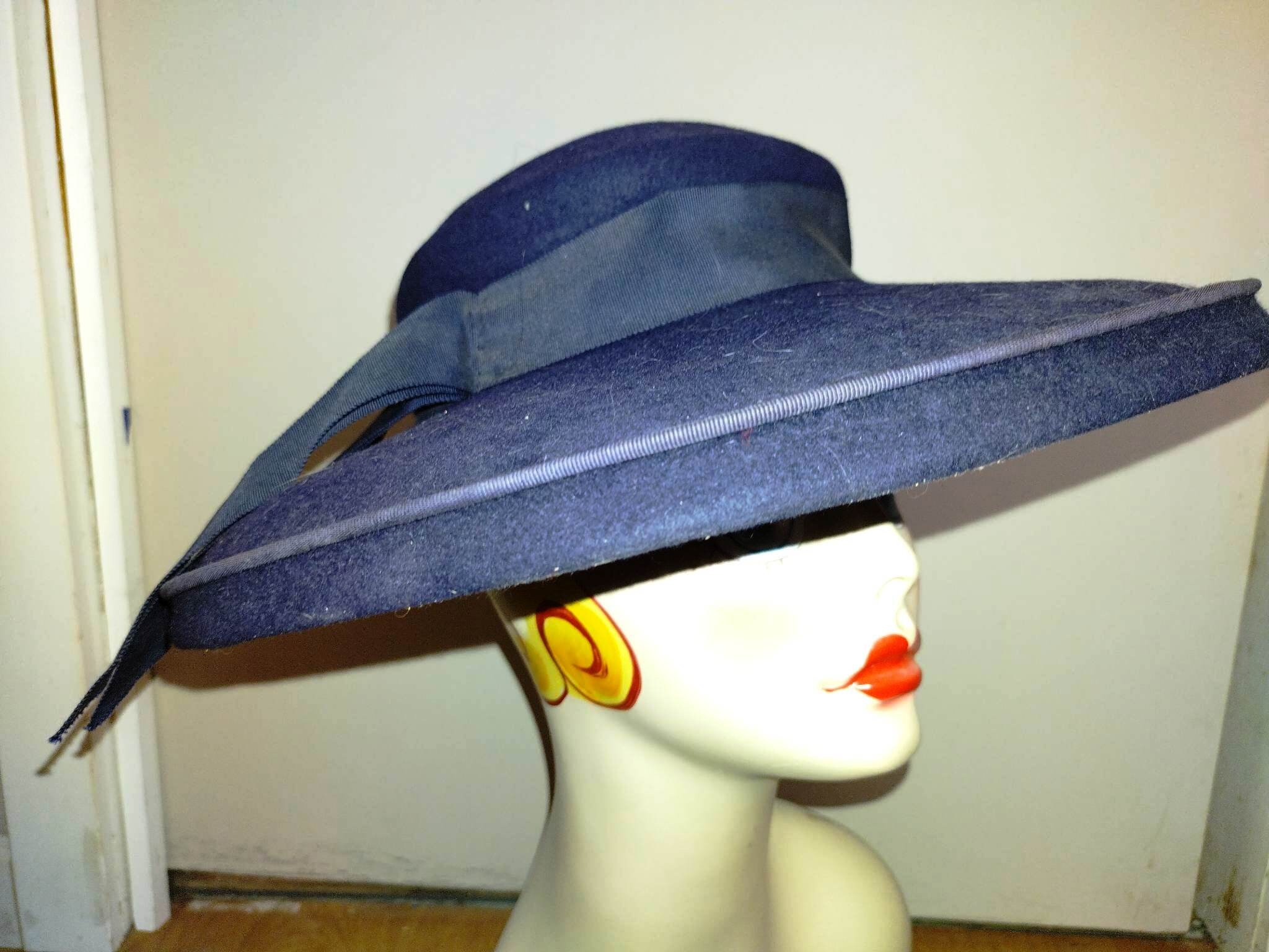 Blue Vintage Wide Brim Asymmetrical Hat Mid Century Size 22 Wool Felt ...
