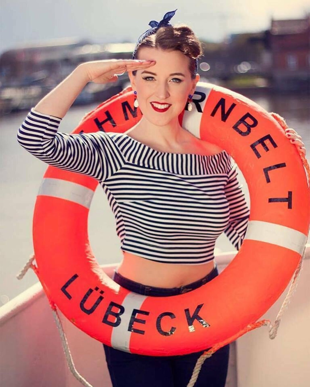 Sample Crop Top Sailor USA Blue White Striped Nautical Navy S M 1X ...